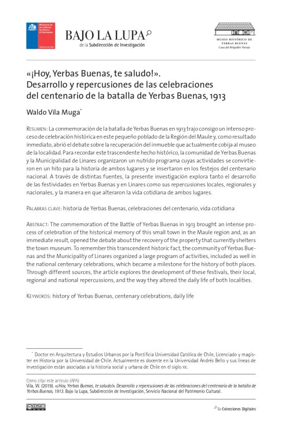 "Hoy, Yerbas Buenas, te saludo!". Desarrollo y repercusiones de las celebraciones del centenario ...